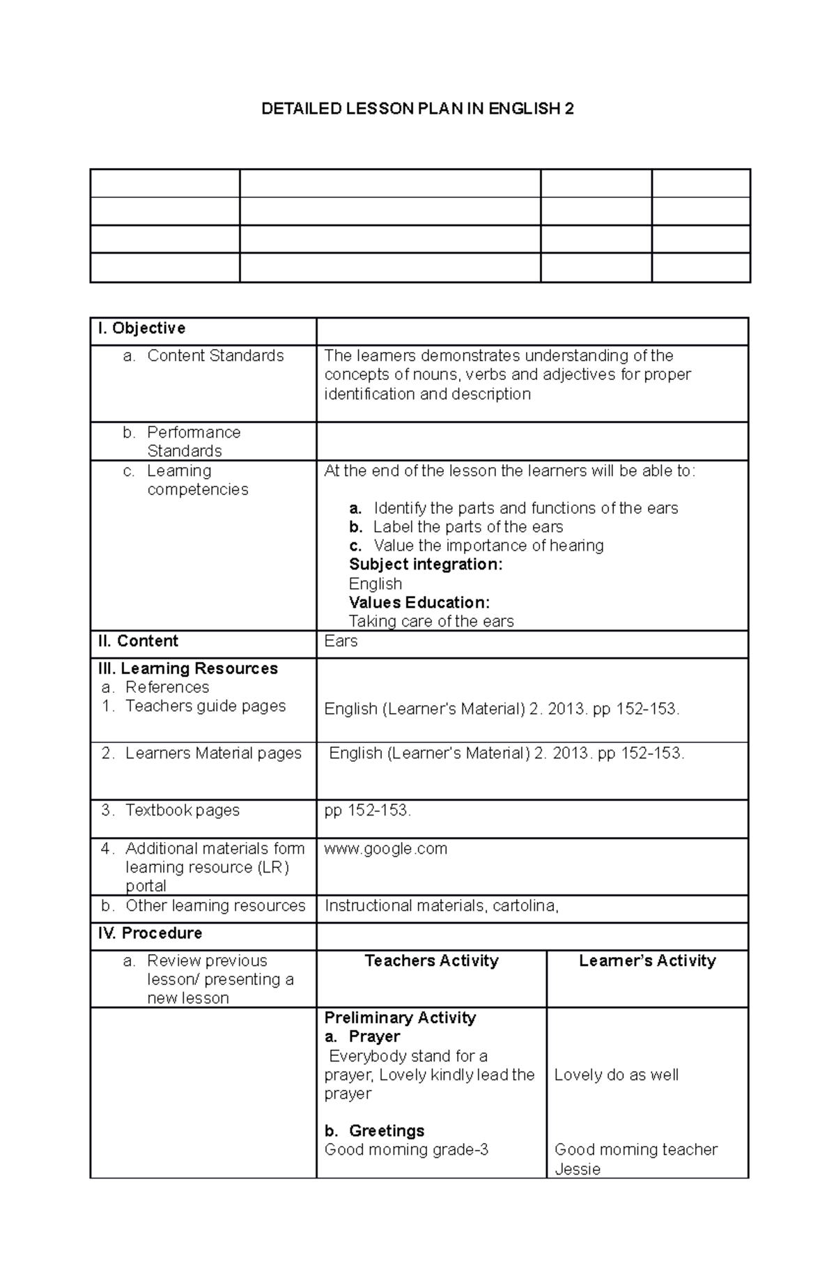 Lesson Plan- English 2 - DETAILED LESSON PLAN IN ENGLISH 2 I. Objective ...