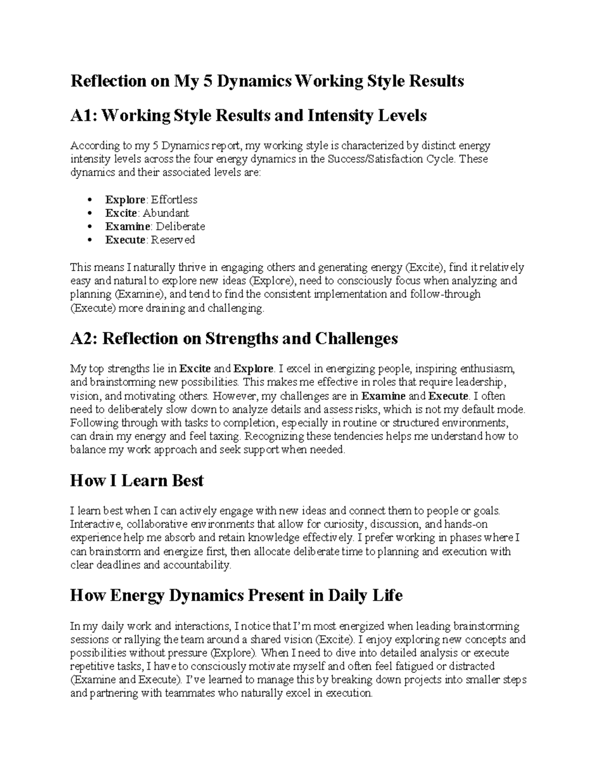 Reflection on My 5 Dynamics Working Style Results A1-A2 - Studocu