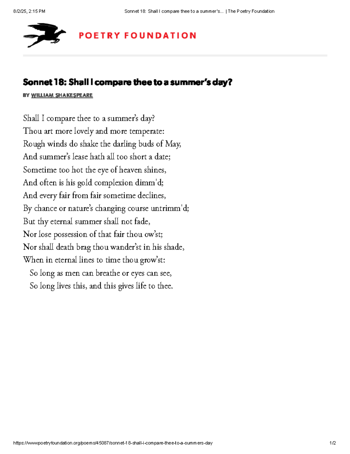 2:15 PM Sonnet 18 Analysis - William Shakespeare - Studocu