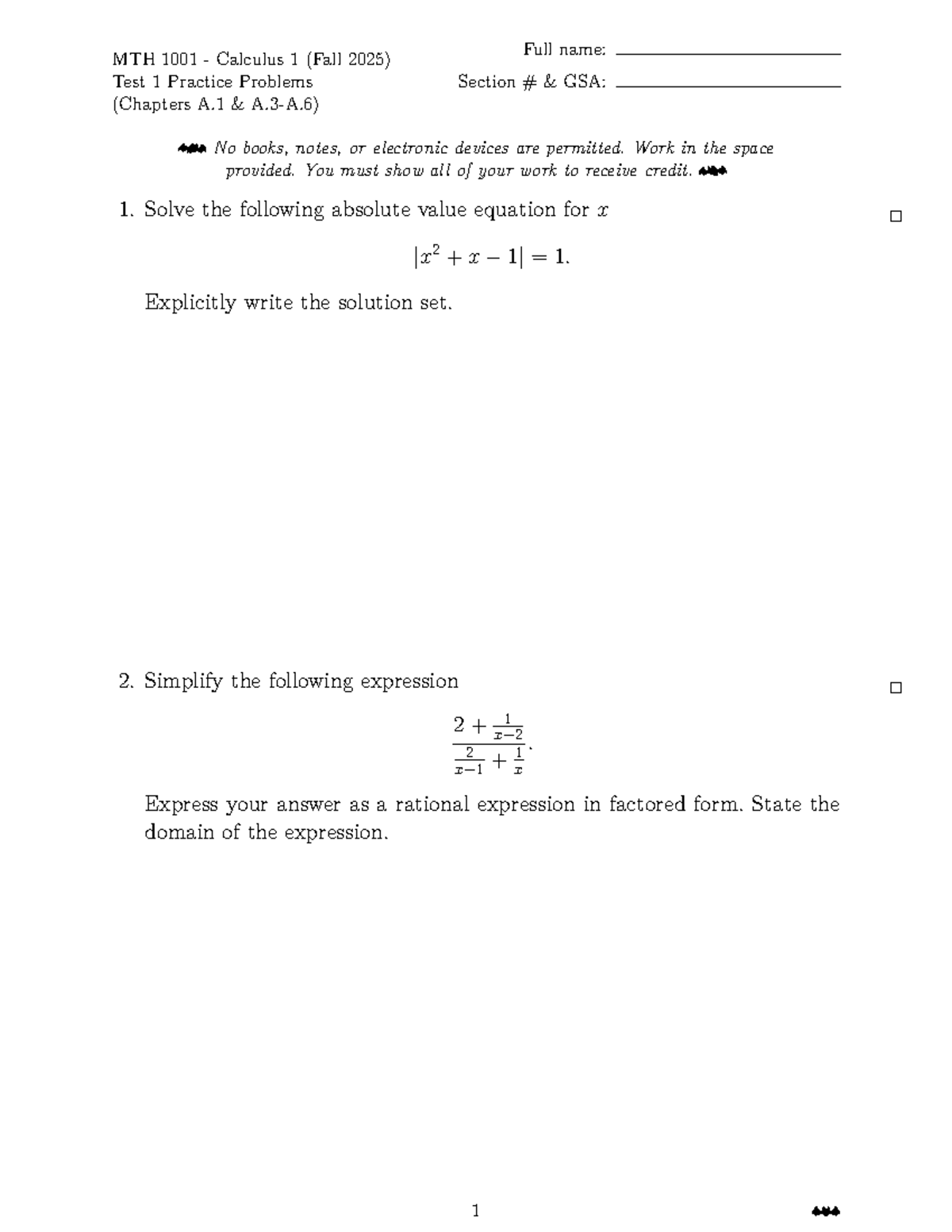 MTH 1001 - Calculus 1 Test 1 Practice Problems (Fall 2025) - Studocu