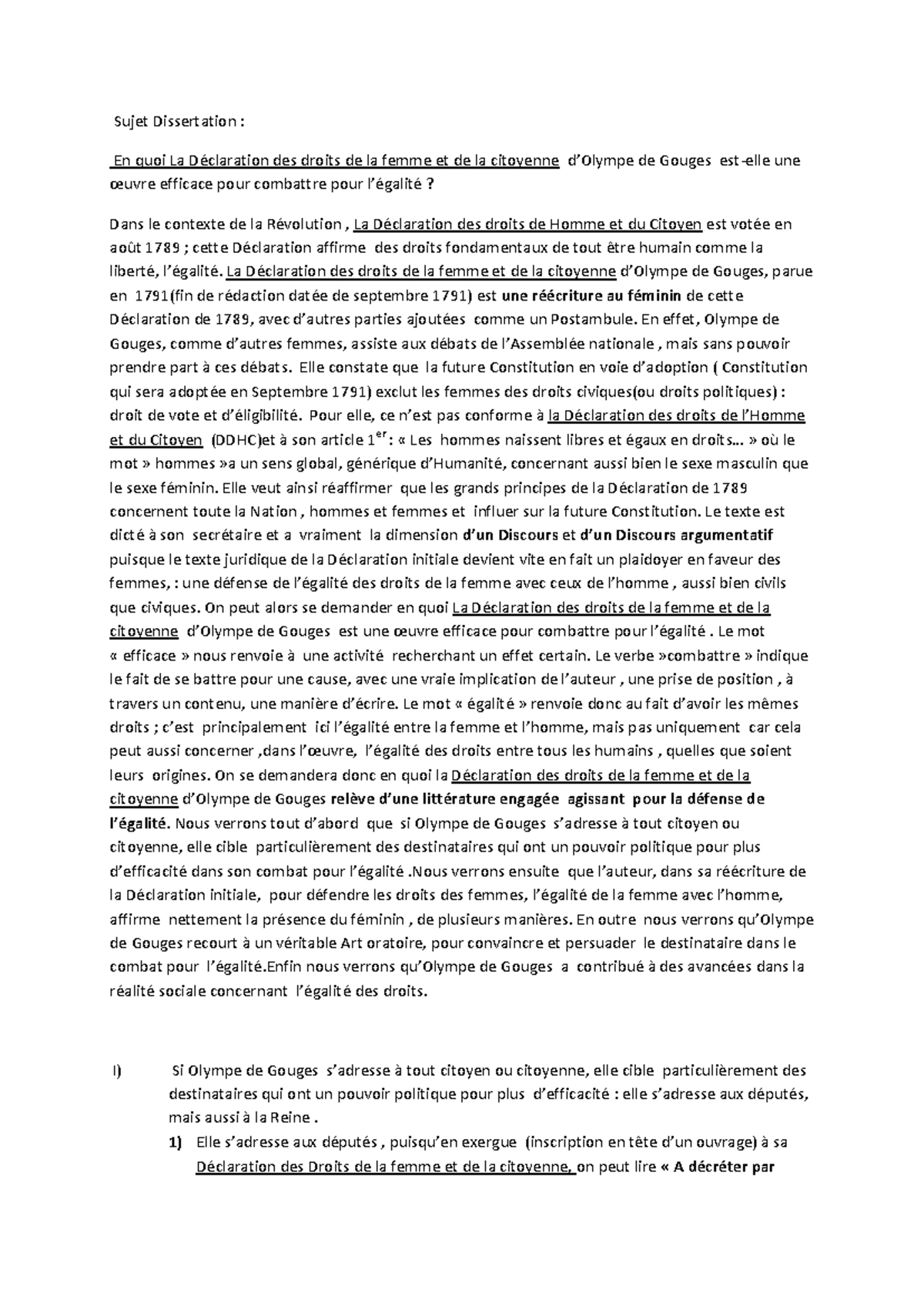 Dissertation bac : L'Efficacité de Olympe de Gouges pour l'Égalité ...
