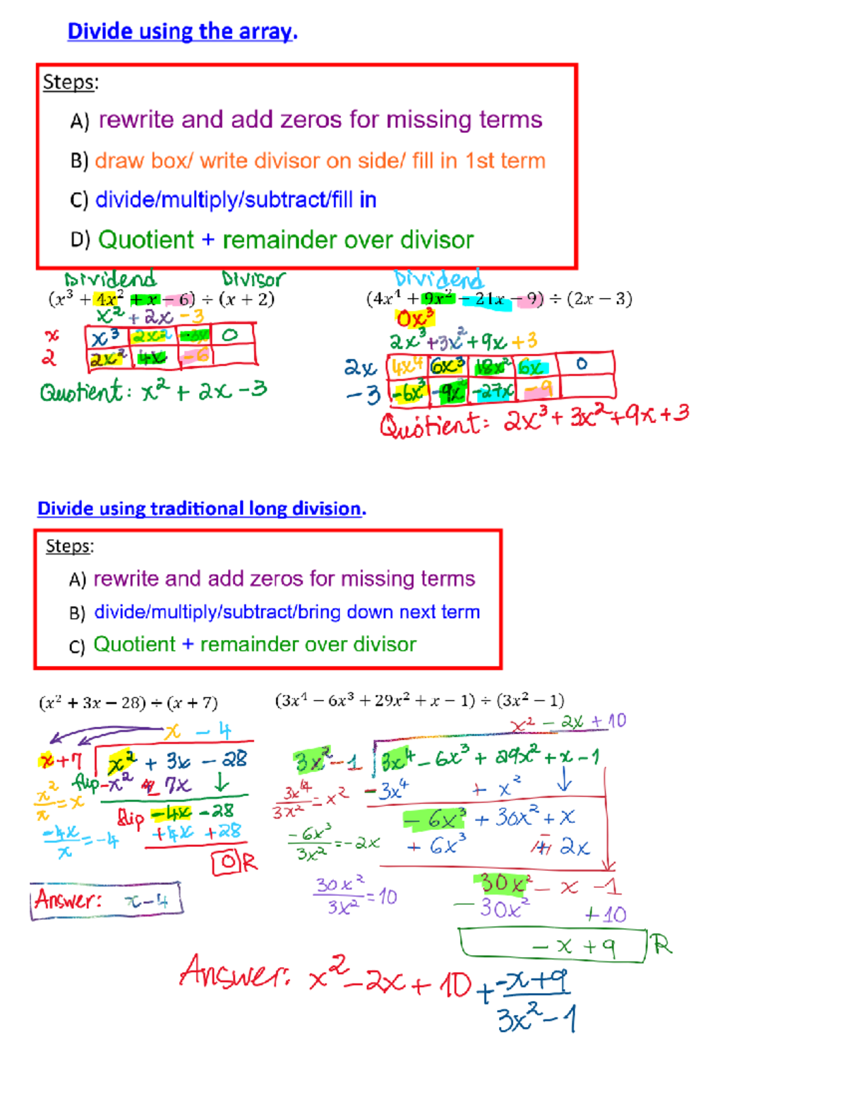 Long Division Polynomials - Divide using the array. Steps: A) rewrite ...