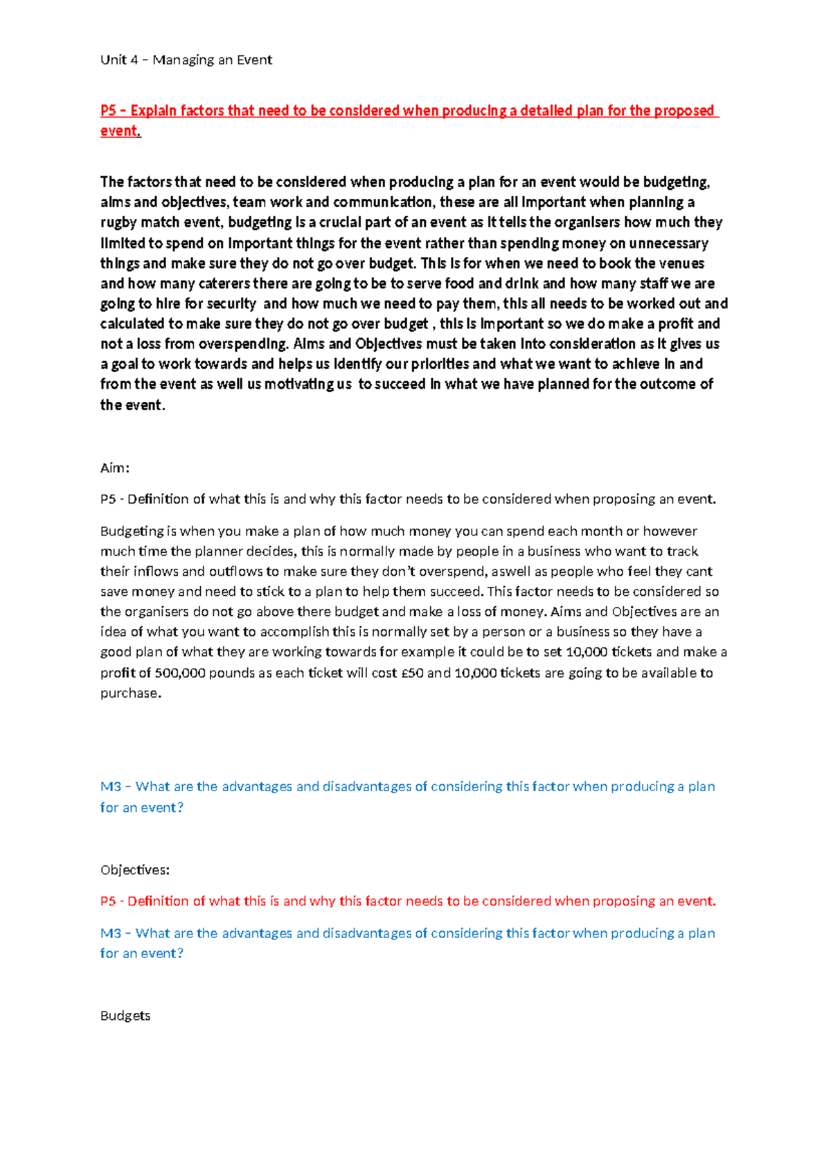 BTEC Business Unit 4: Event Management - P5 Considerations Explained ...