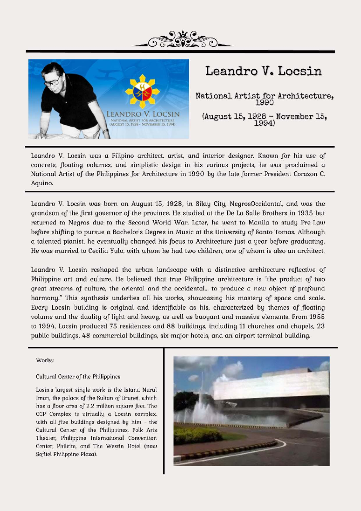 Leandro V. Locsin: National Artist for Architecture Biography - Studocu