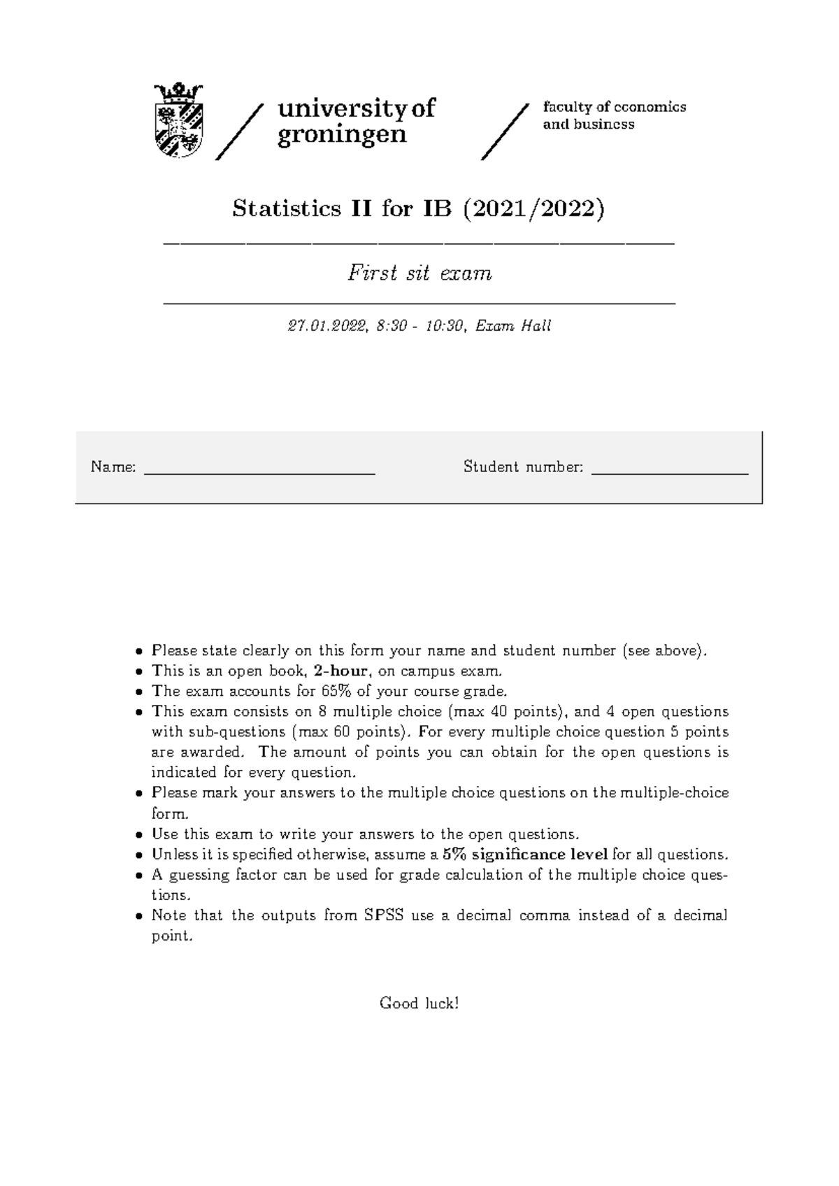 Statistics II (2021/22) Final Exam Solutions and Answers - Studeersnel