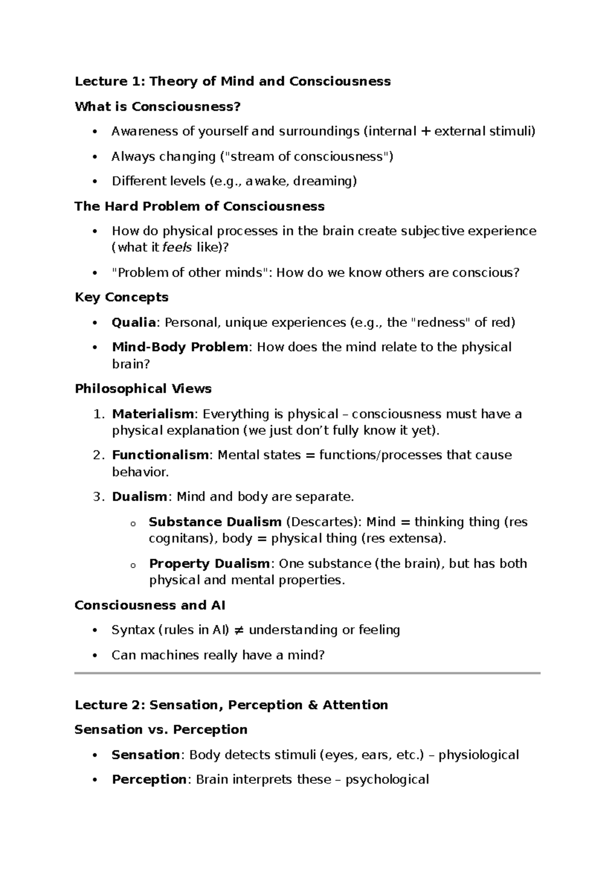 Lecture Notes on Psychology (PSY101): Consciousness, Memory ...