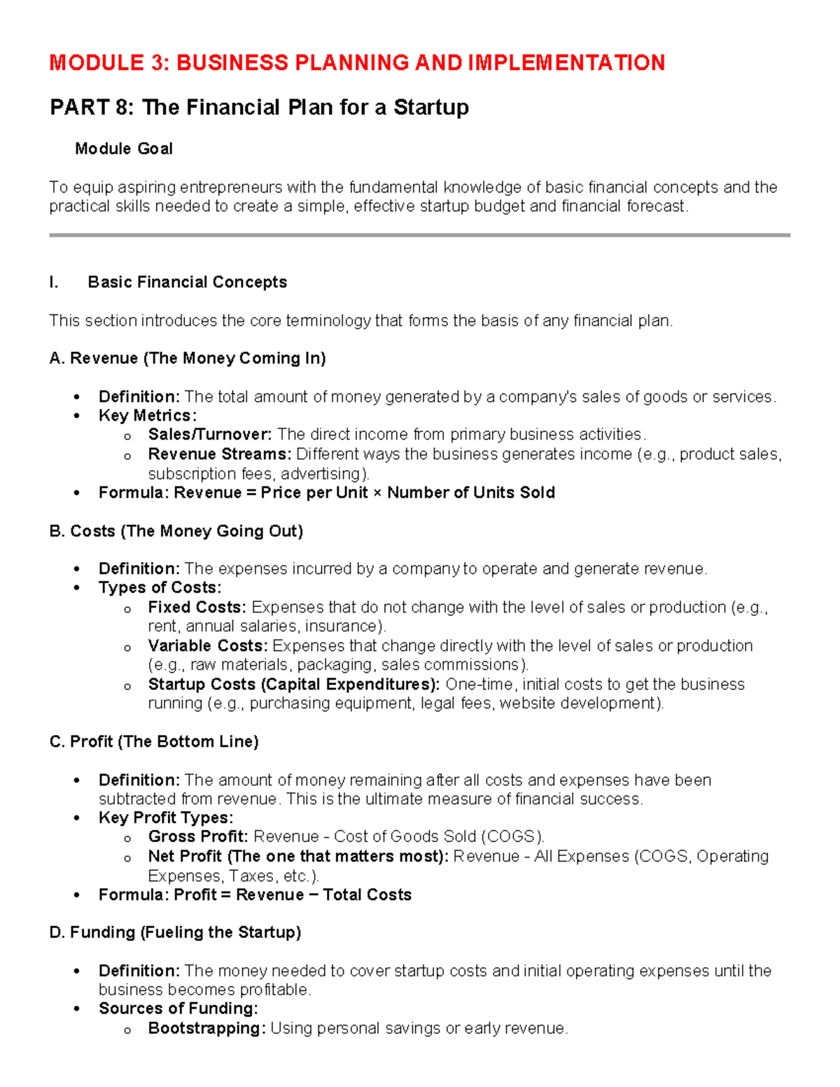 MODULE 3: BUSINESS PLANNING & IMPLEMENTATION - PART 8: Financial Plan ...