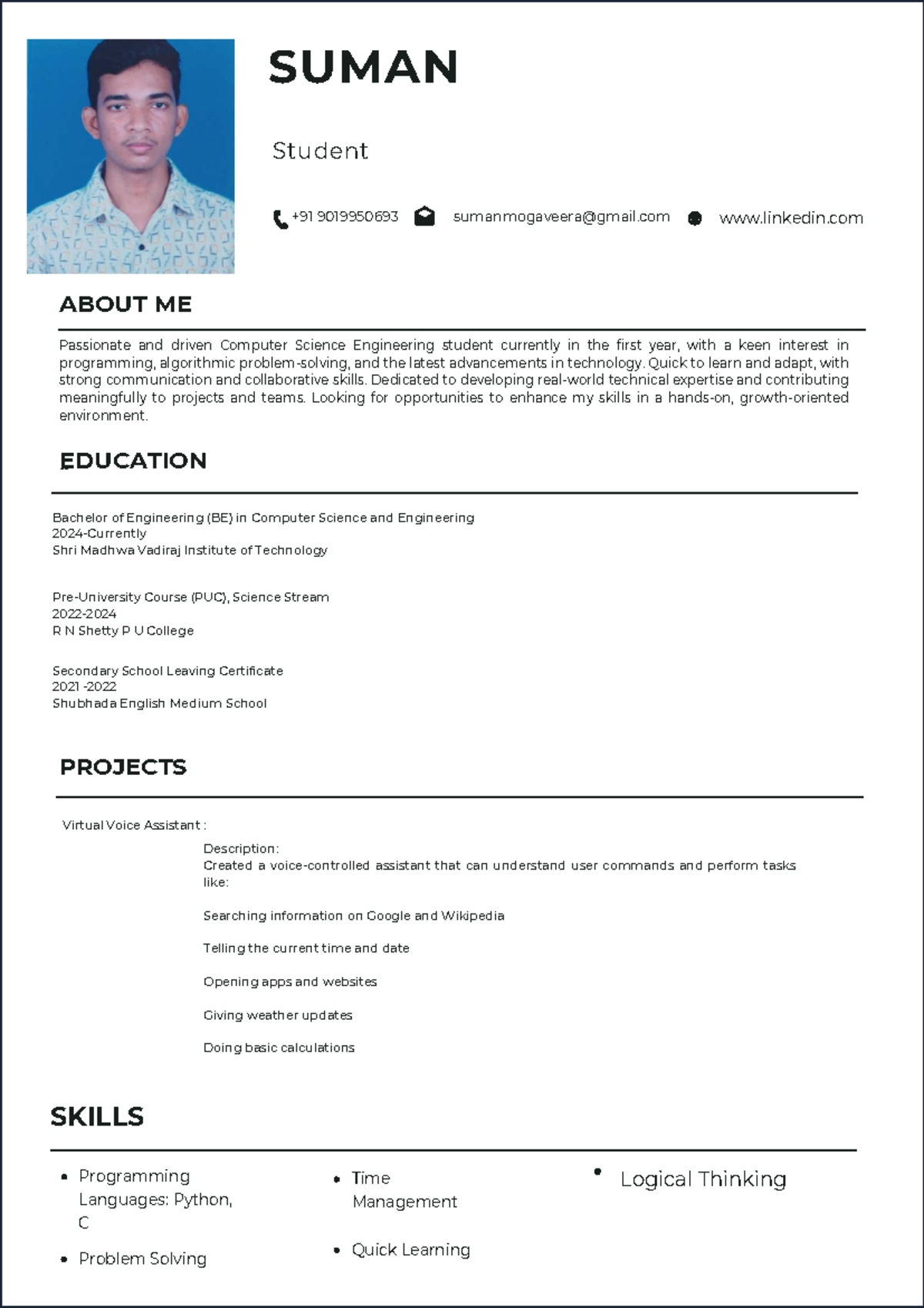 CSE 101: Professional A4 Resume of a First-Year Student - Studocu