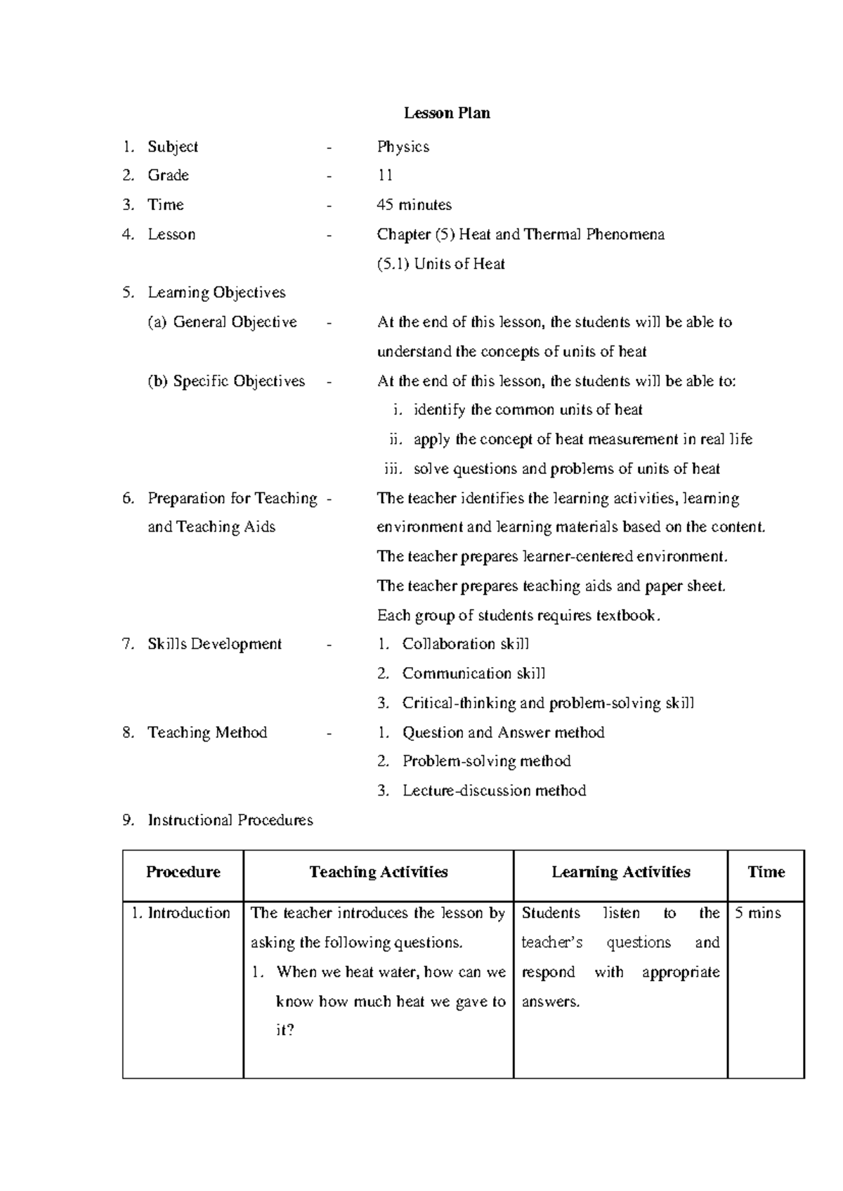 Physics Lesson Plan 1: Heat & Thermal Phenomena (Grade 11) - Studocu