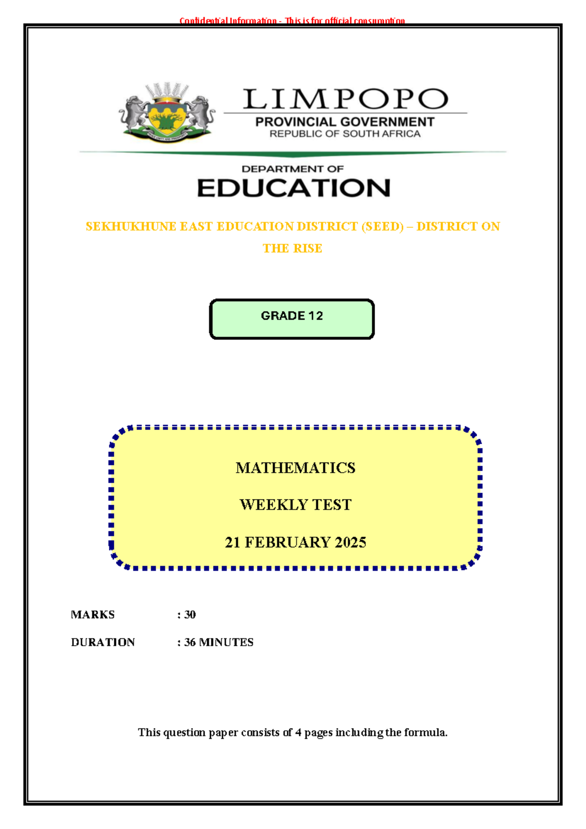 Grade 12 Mathematics Weekly Test (SEED) - 21 February 2025 - Studocu