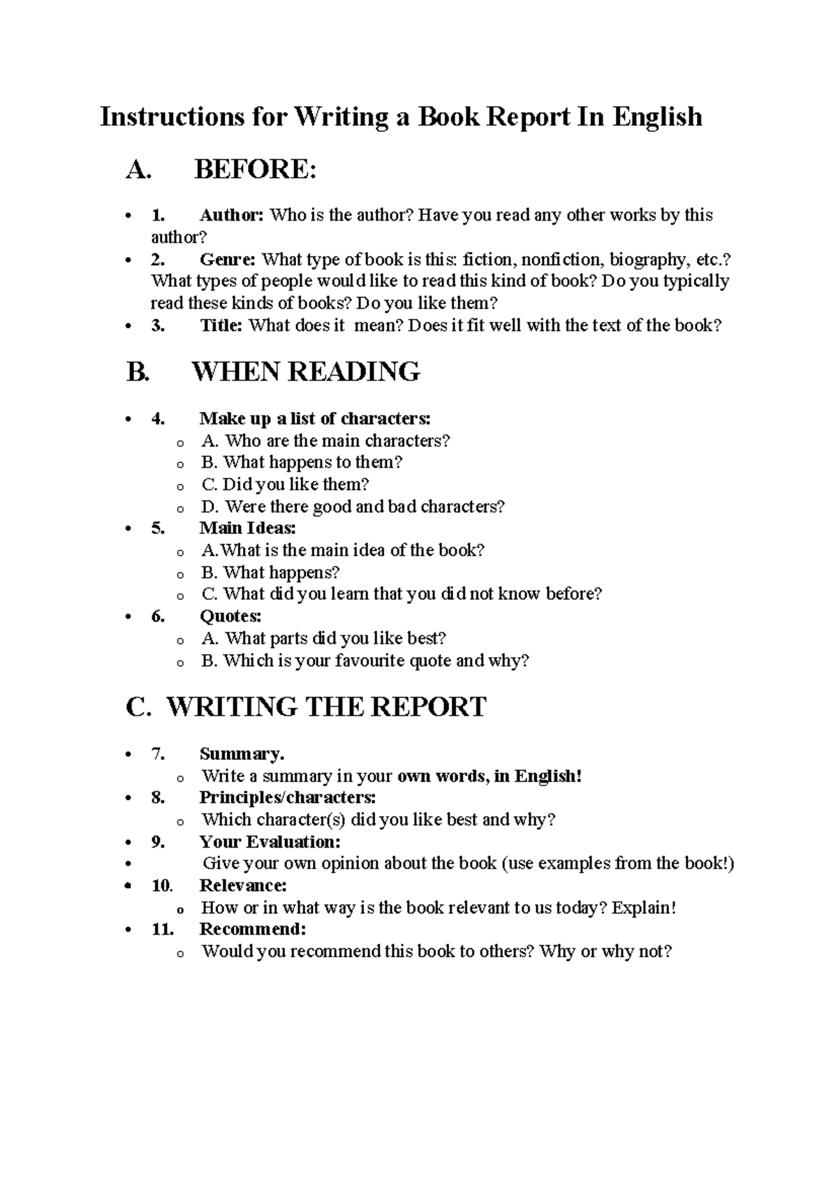 Instructions for Writing a Book Report in English - II - Studeersnel