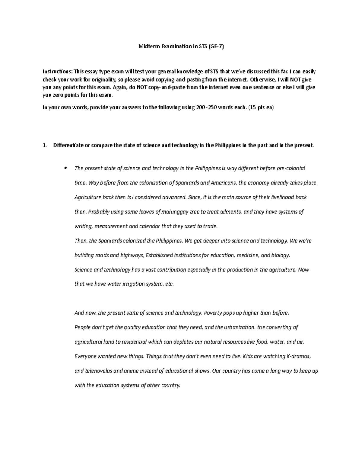 STS Midterm - Midterm Examination in STS (GE-7) Instructions: This ...