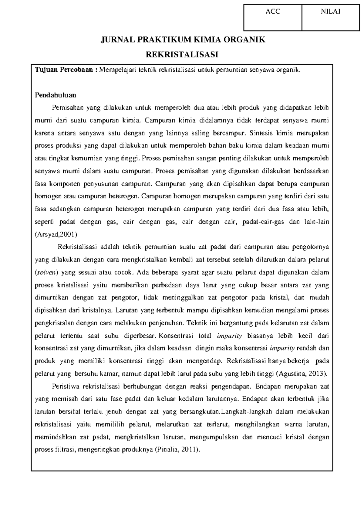 Jurnal Praktikum Kimia Organik: Rekristalisasi dan Pemurnian Senyawa ...