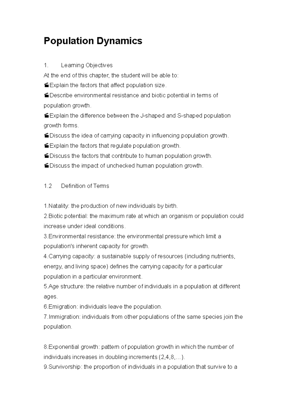 Population Dynamics - Population Dynamics Learning Objectives At the ...