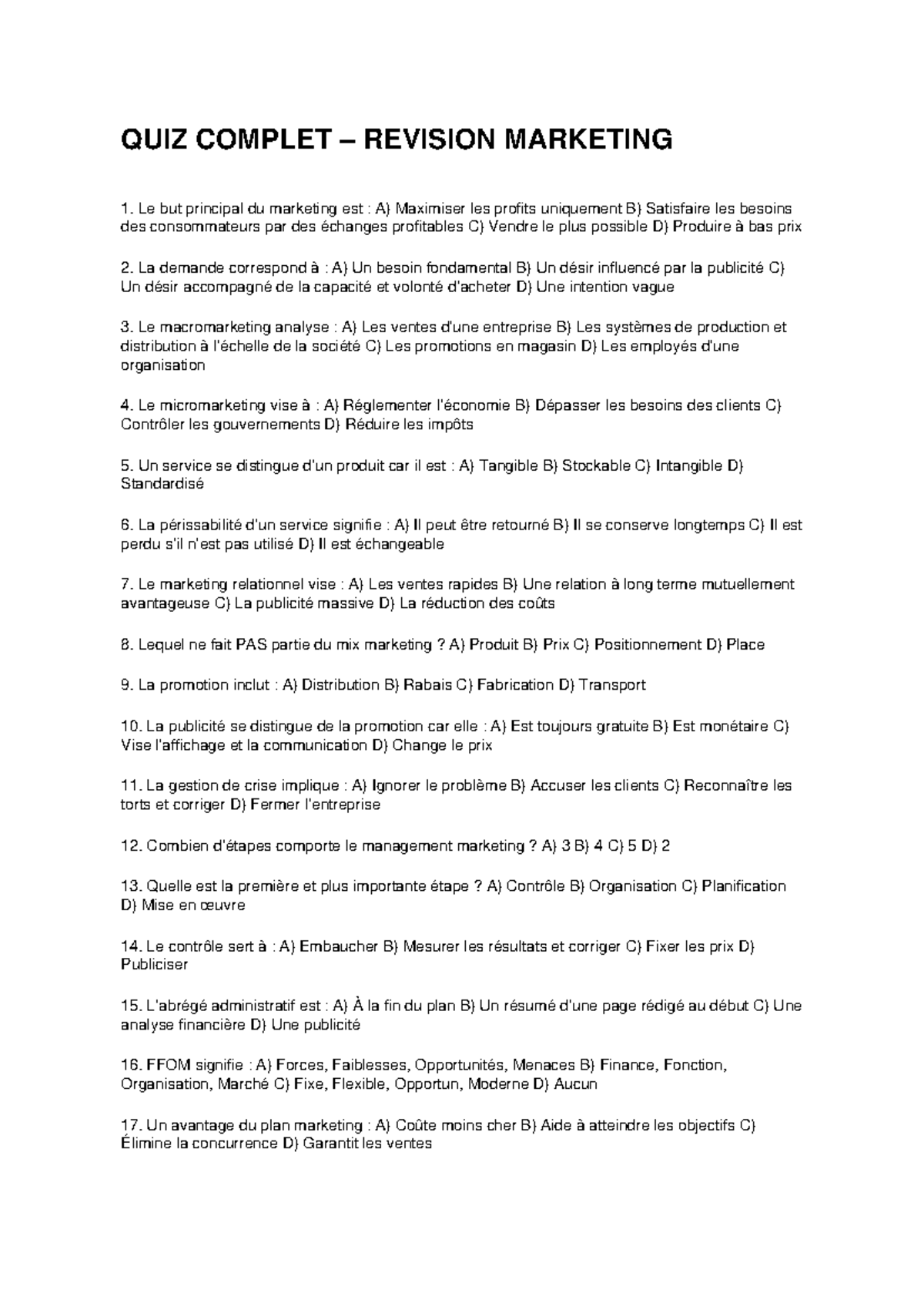 QUIZ COMPLET MARKETING 1 - Révisions et Questions Clés - Studocu