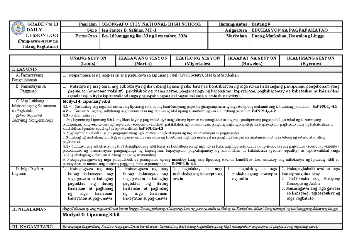 EsP 9 Q1 W8 - Daily Lesson Log on Civil Society Concepts - Studocu