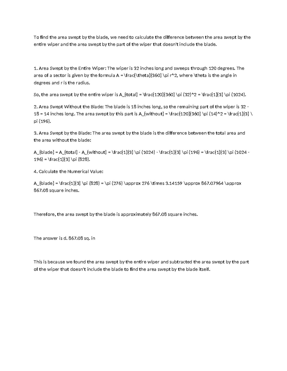 Calculating Area Swept by Wiper Blade: Geometry Analysis - Studocu