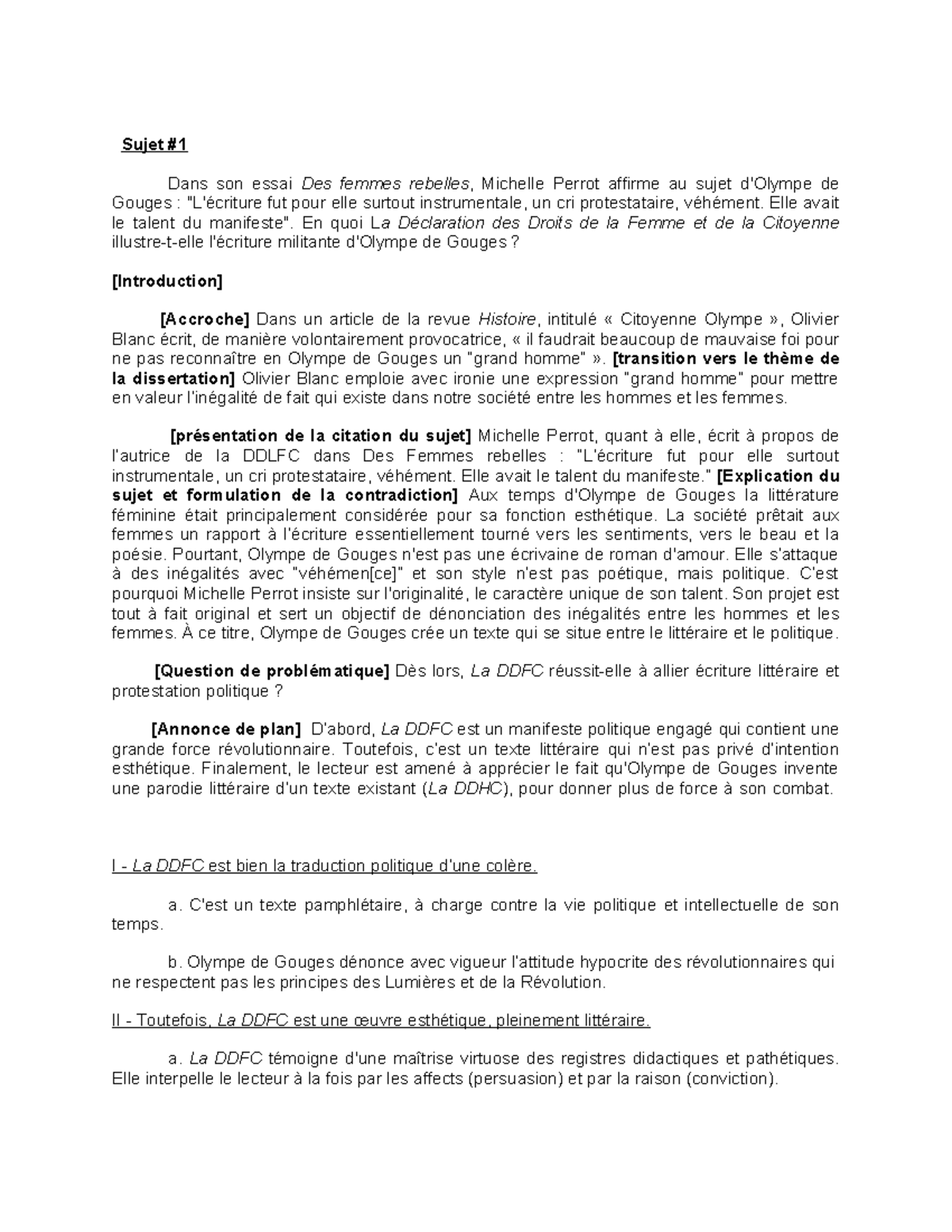 Dissertation sur La DDFC et l'écriture militante d'Olympe de Gouges ...