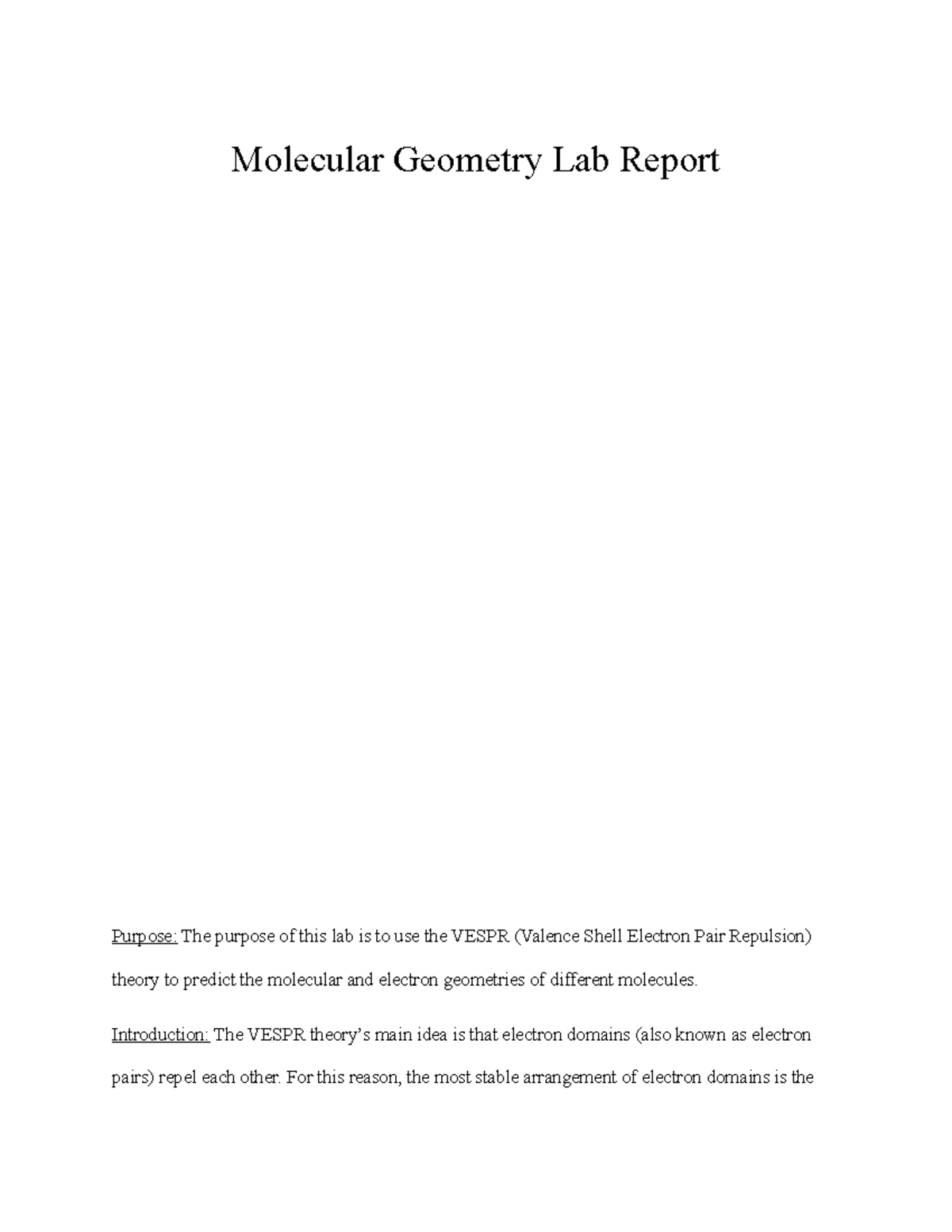 Molecular Geometry Analysis Using VSEPR Theory Lab Report - Studocu
