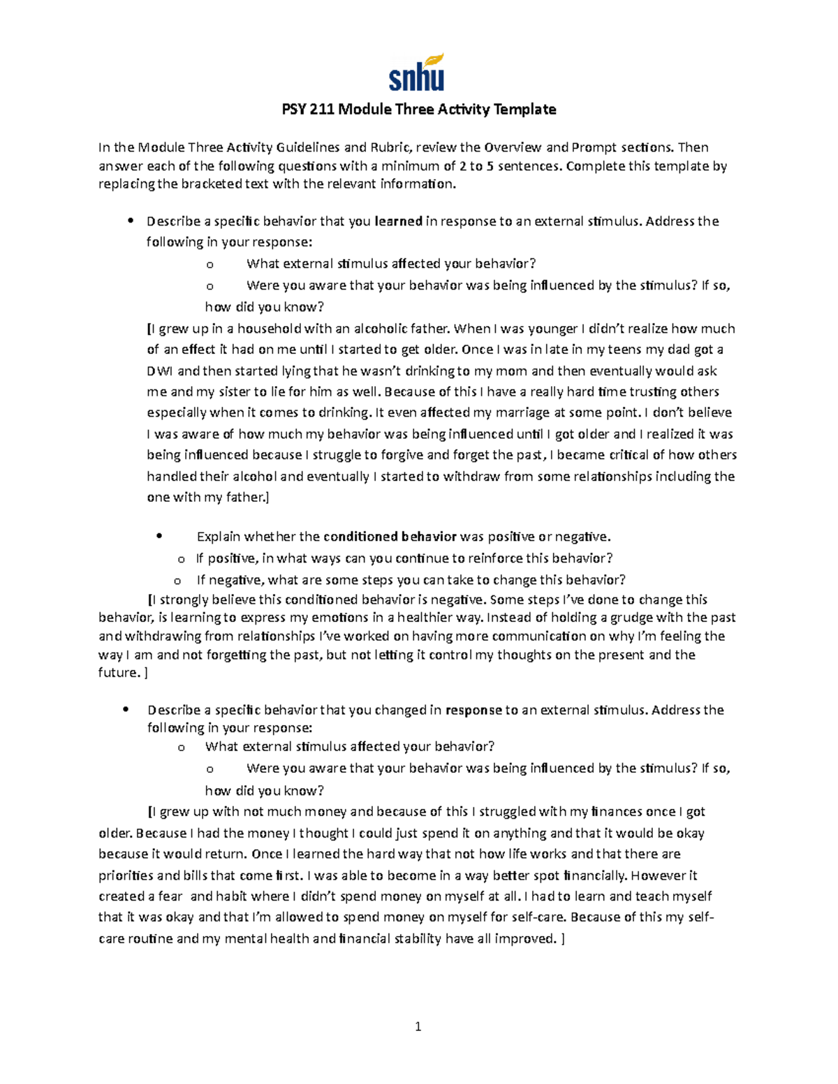 PSY 211 Module Three Activity Template - Then answer each of the ...