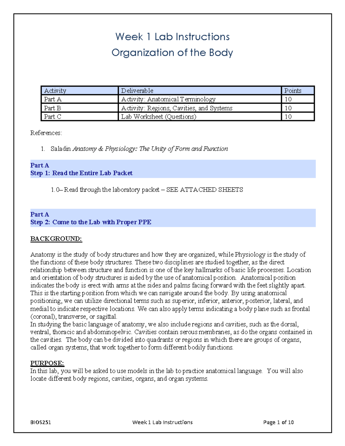 Lab 1 - Organizations of the Body - Week 1 Lab Instructions ...