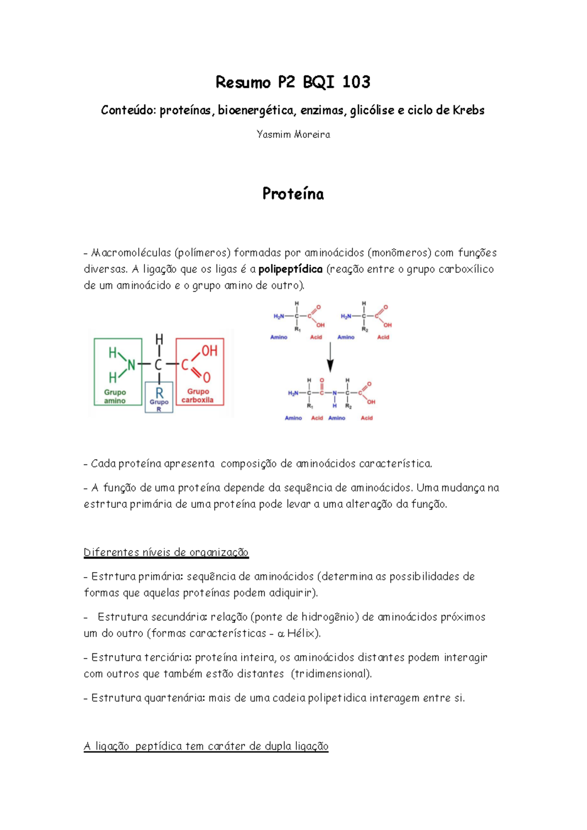 Resumo P2 BQI 103 - Proteínas, Enzimas, Glicólise e Ciclo de Krebs - Studocu