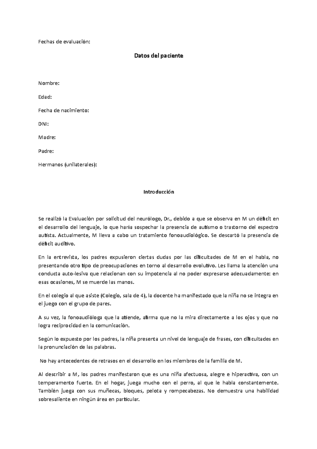 Informe de Evaluación ADIR-R y ADOS 2 para el Diagnóstico de Autismo ...