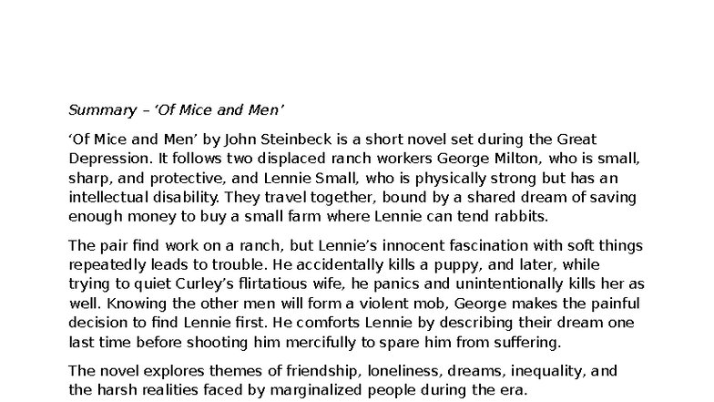 Of mice and men summary - Resume af bogen 'Of mice and men' - Summary ...