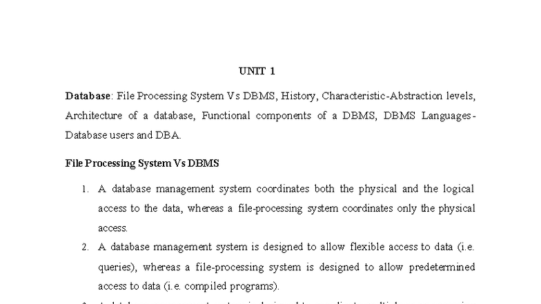 Unit 1 & 2: Comprehensive Notes on DBMS Concepts and Architecture - Studocu