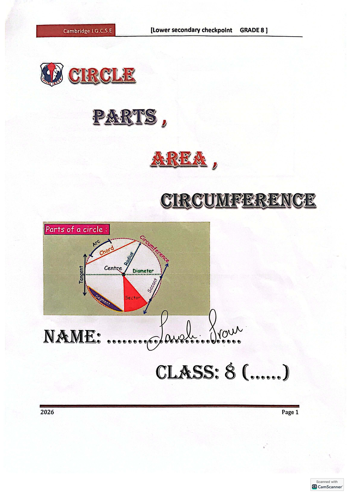 Cambridge 1.G.C.S.E Secondary Checkpoint Grade 8: Circle Area ...