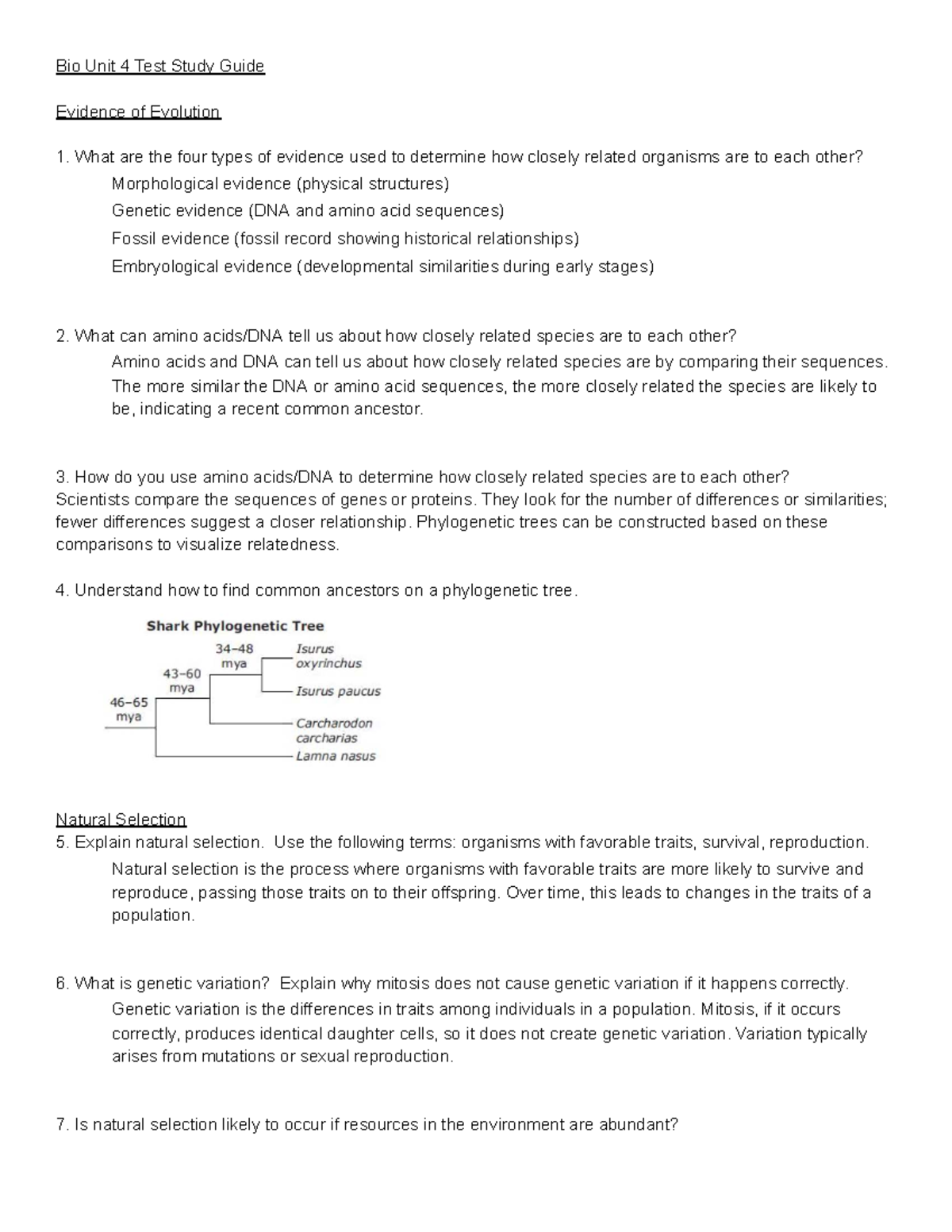 Bio Unit 4 Test Study Guide: Evidence of Evolution & Natural Selection ...
