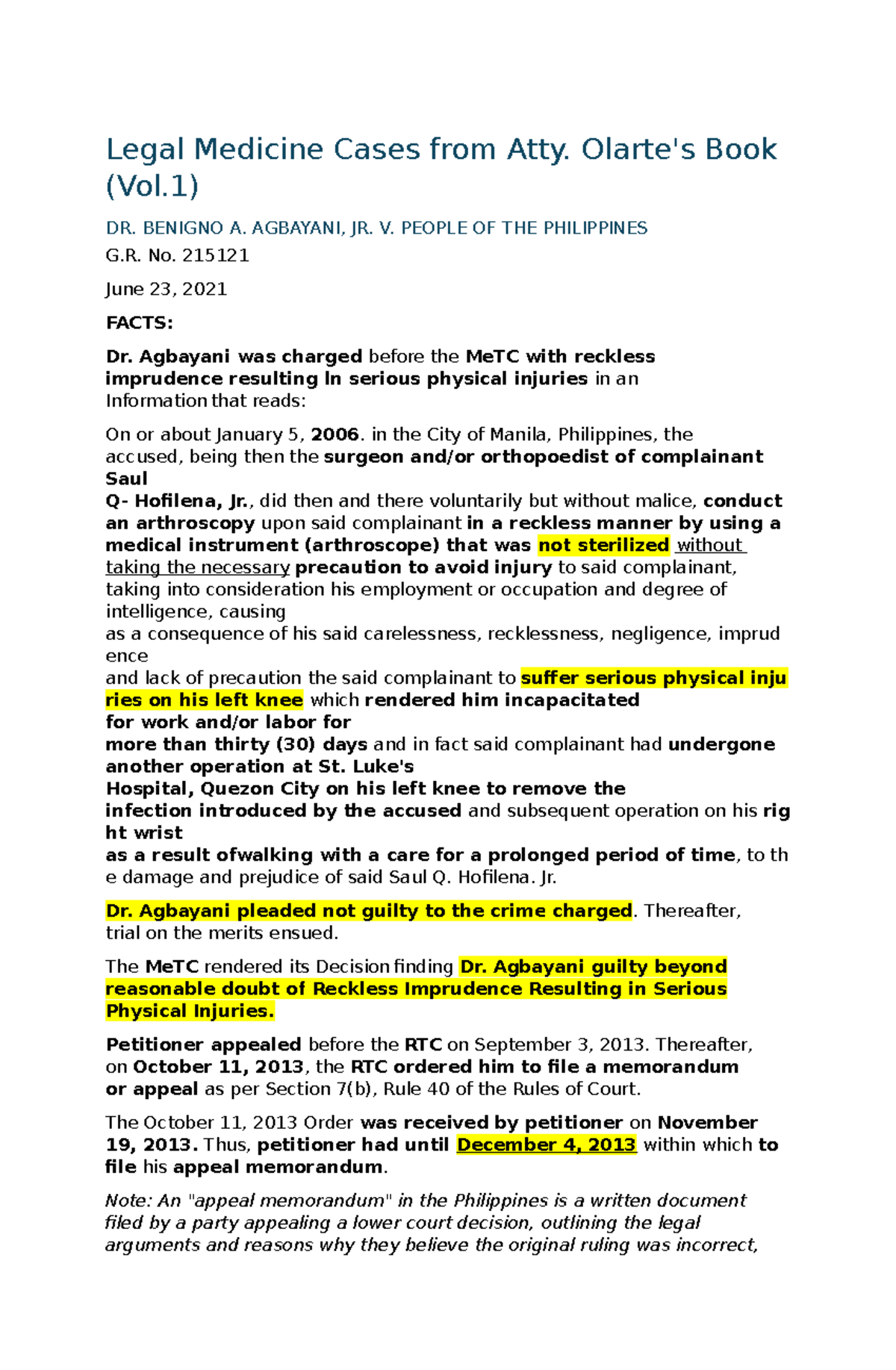 Legal Medicine Cases - Olarte Vol 1: Analysis of Key Legal Rulings ...