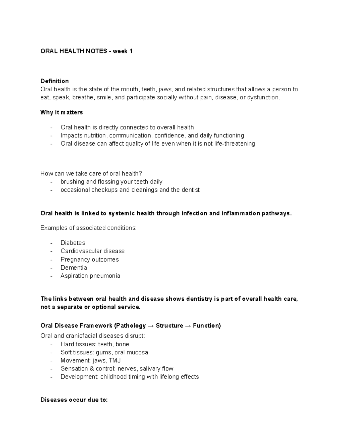 ORAL HEALTH NOTES - Week 1 Overview and Key Concepts - Studocu