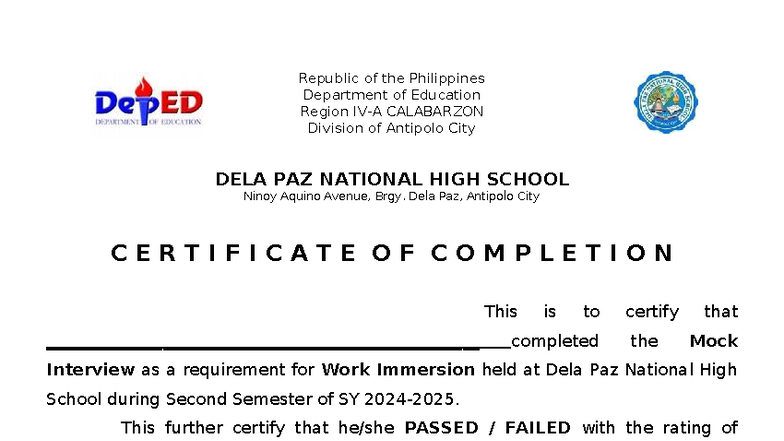 Cert of Completion: Mock Interview for Work Immersion - Studocu
