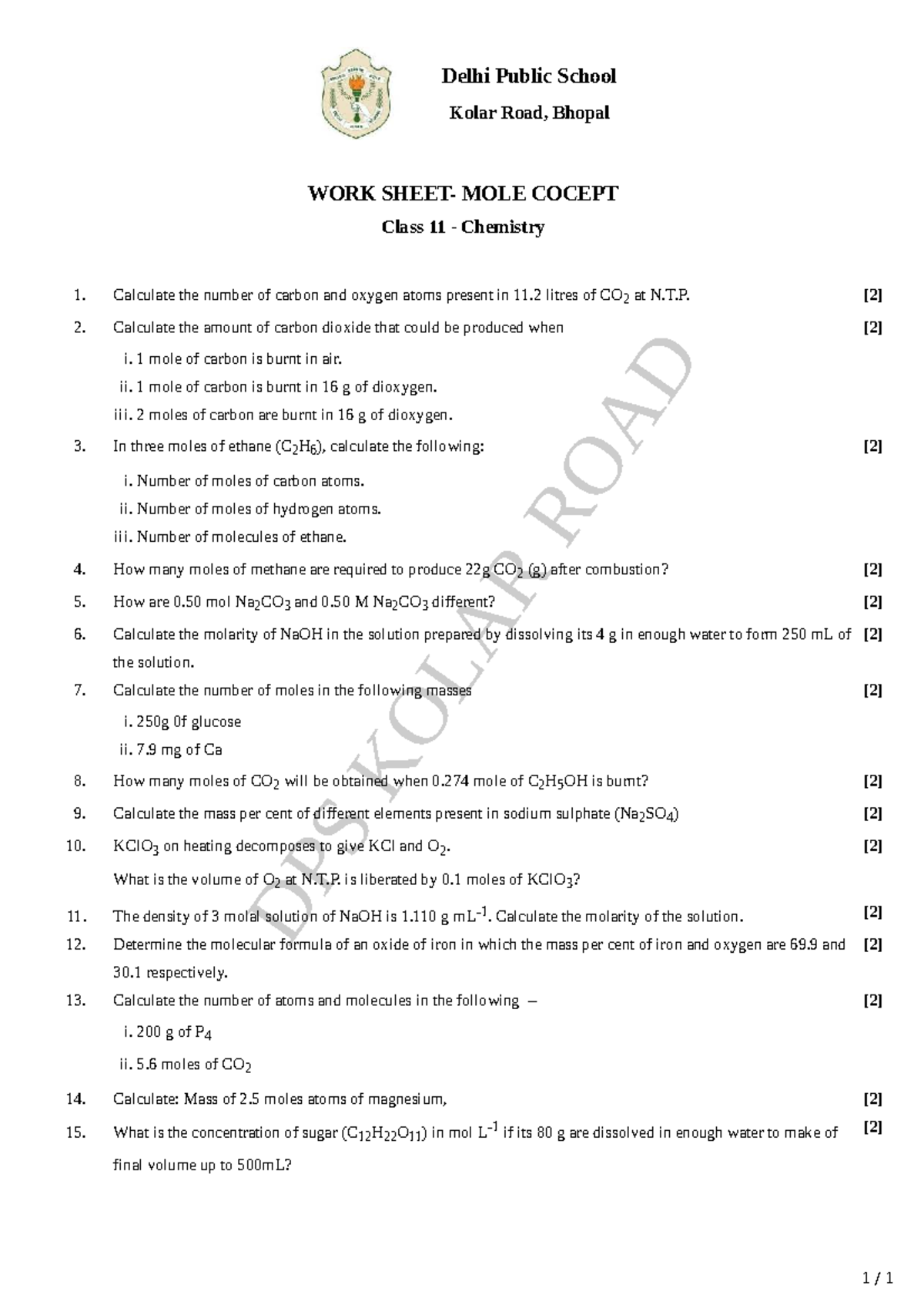 Class 11 Chemistry: Mole Concept Worksheet - Delhi Public School - Studocu