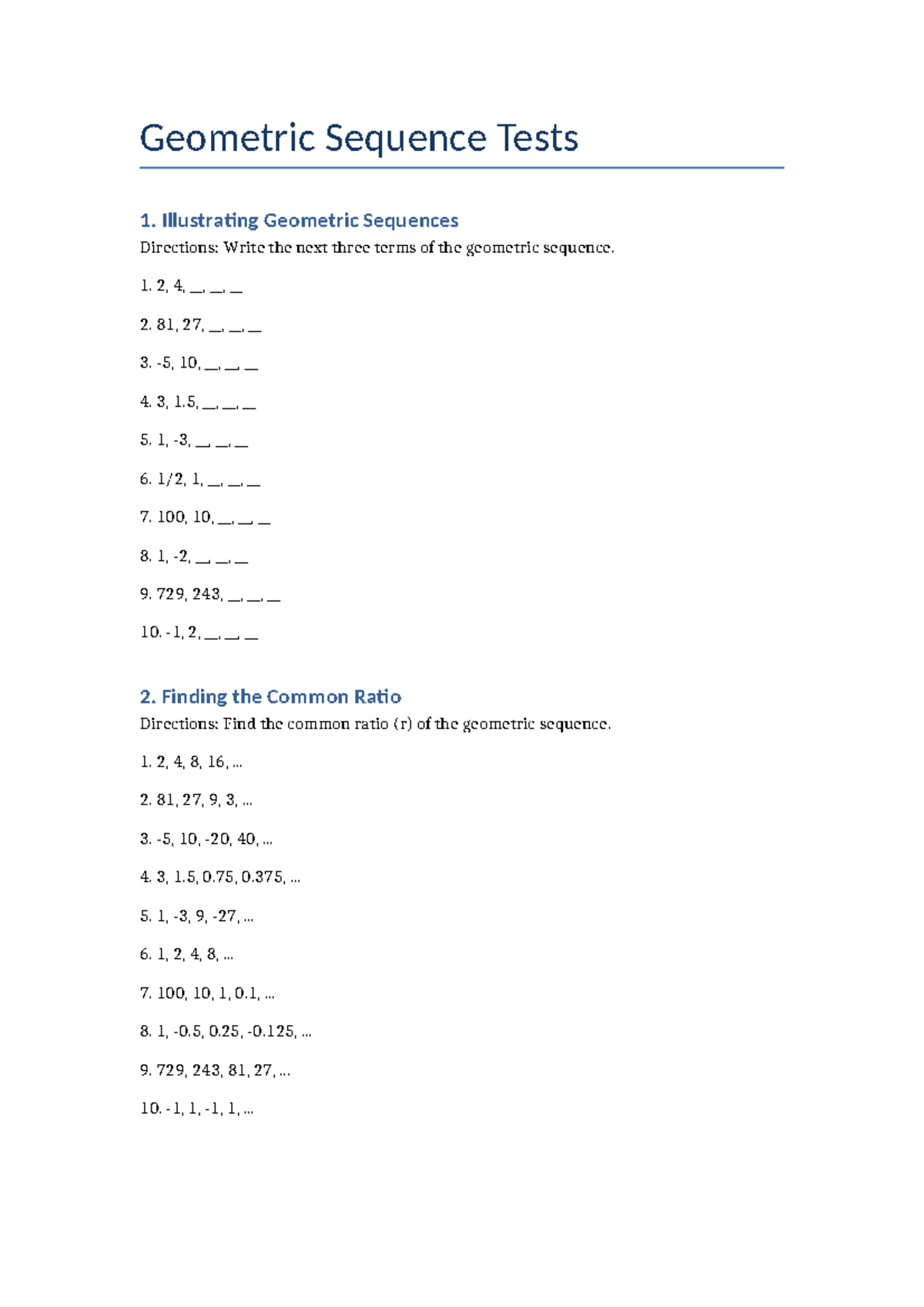 Geometric Sequence Tests: Finding Terms, Ratios, and Sums - Studocu