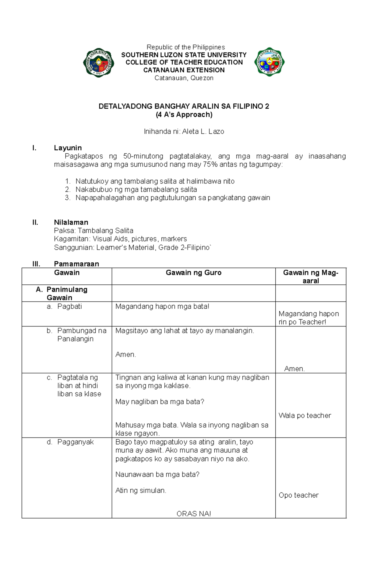 Filipino 2 - Detailed Lesson Plan: Tambalang Salita Activities - Studocu