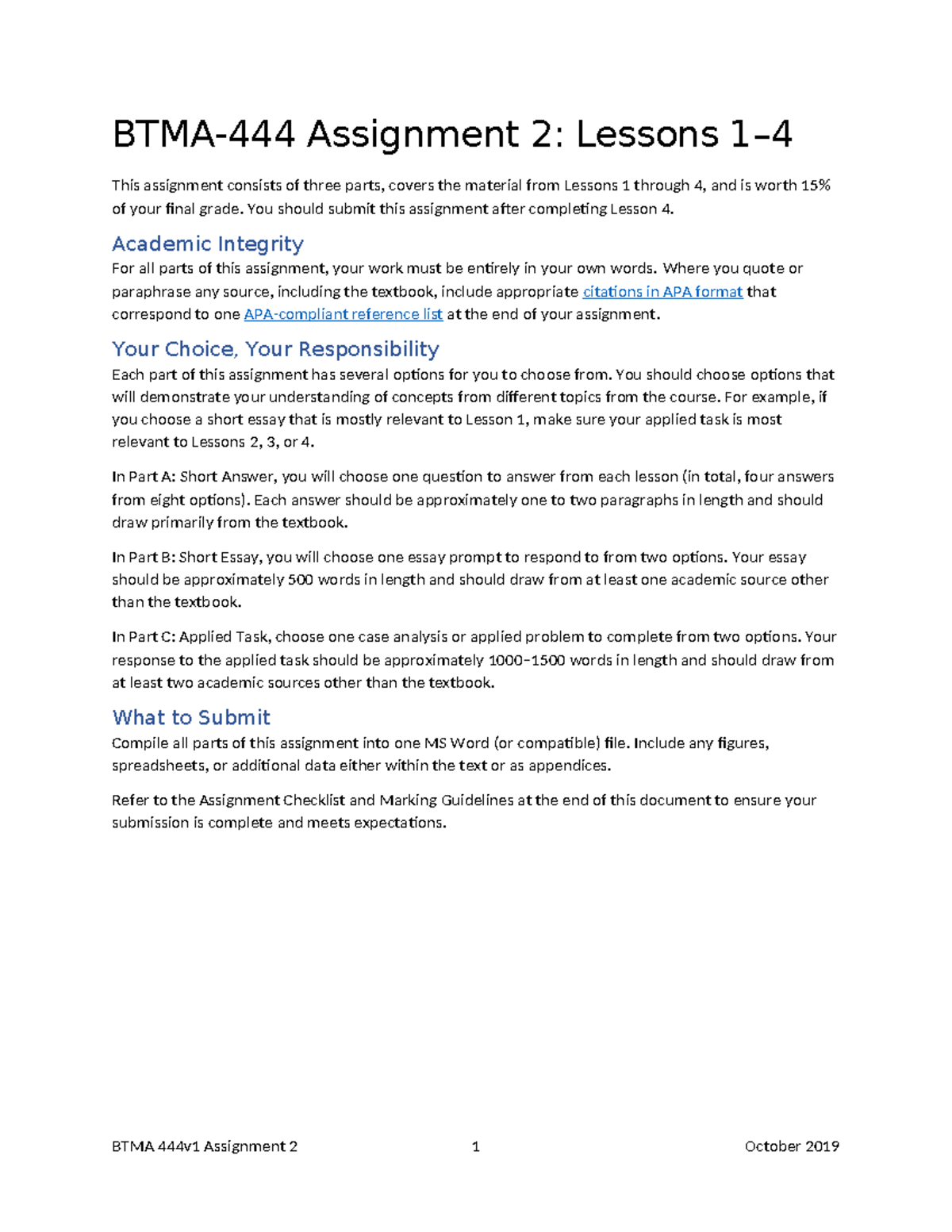 BTMA444 Assignment 2 - Comprehensive Coverage of Lessons 1-4 - Studocu
