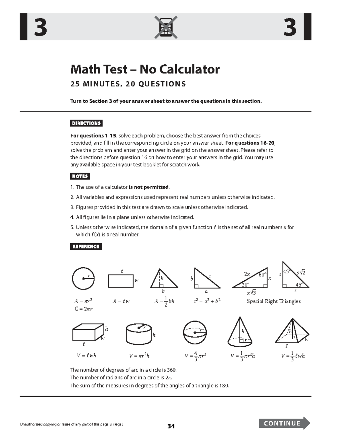 SAT Math Test No Calculator - Formulas and Guidelines - Studocu