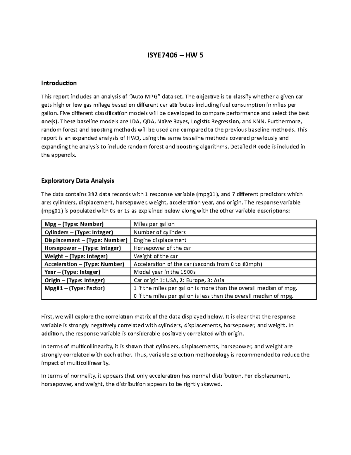 HW5 - homework 5 sample sol - ISYE7406 – HW 5 Introduction This report includes an analysis of ...