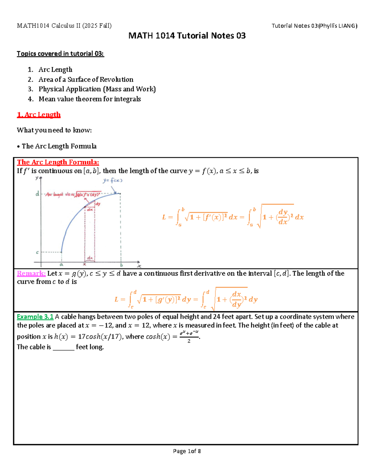 Math1014 Calculus Ii 2025 Fall Tutorial Notes 03 Key Concepts And