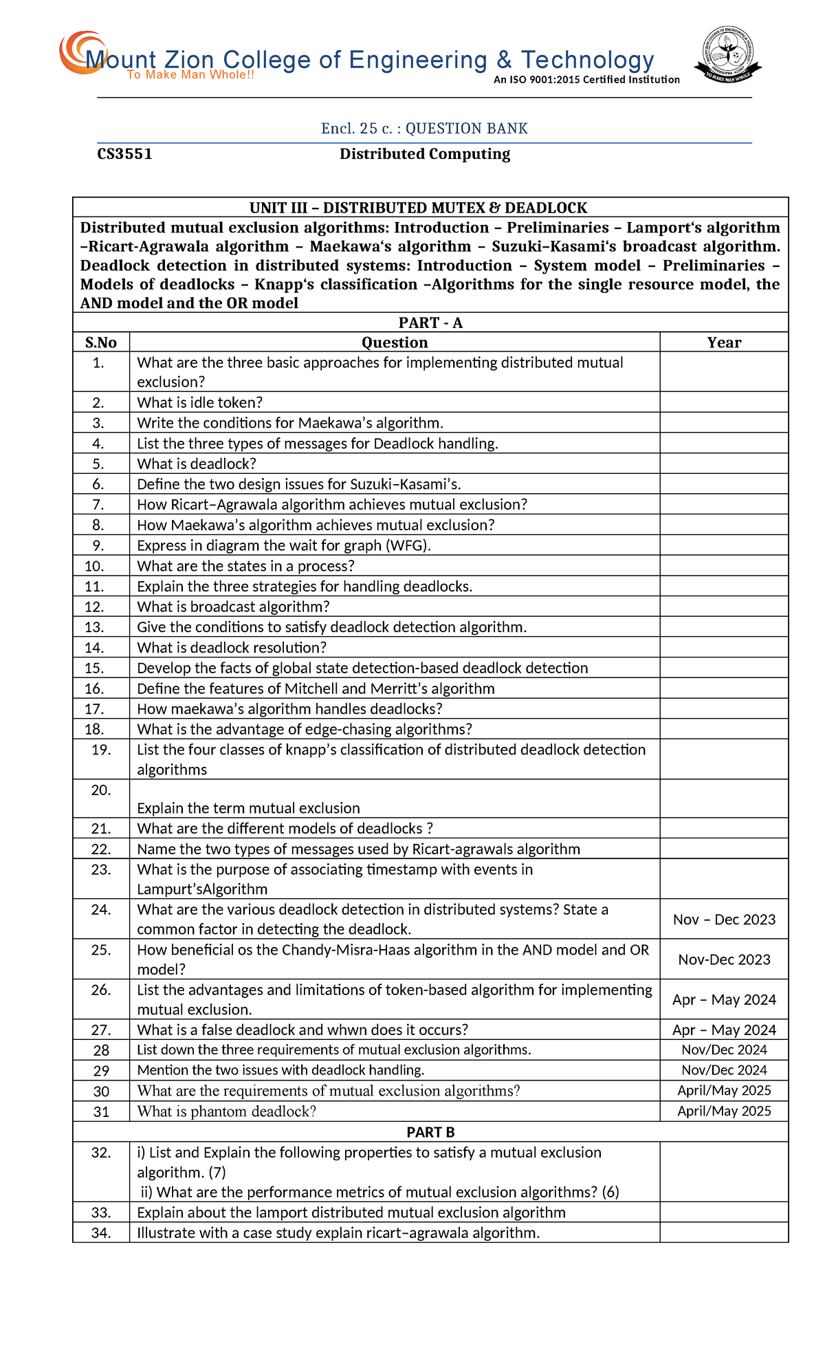 CS3551 Question Bank: Distributed Computing - Mutex & Deadlock - Studocu