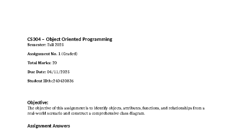 CS304 Fall 2025 OOP Assignment 1: Class Diagram Analysis - Studocu
