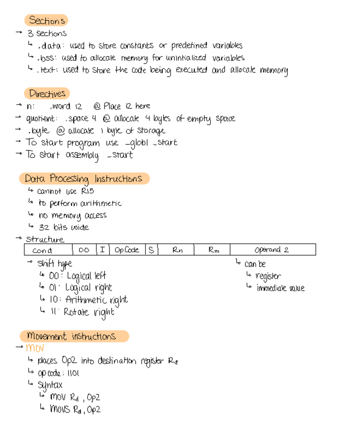 ARM 3 - Review notes - Sections - > 3 sections . data : used to store ...
