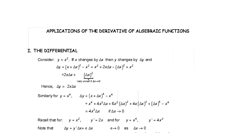 Applications of the Derivative of Algebraic Functions: A Study Guide ...