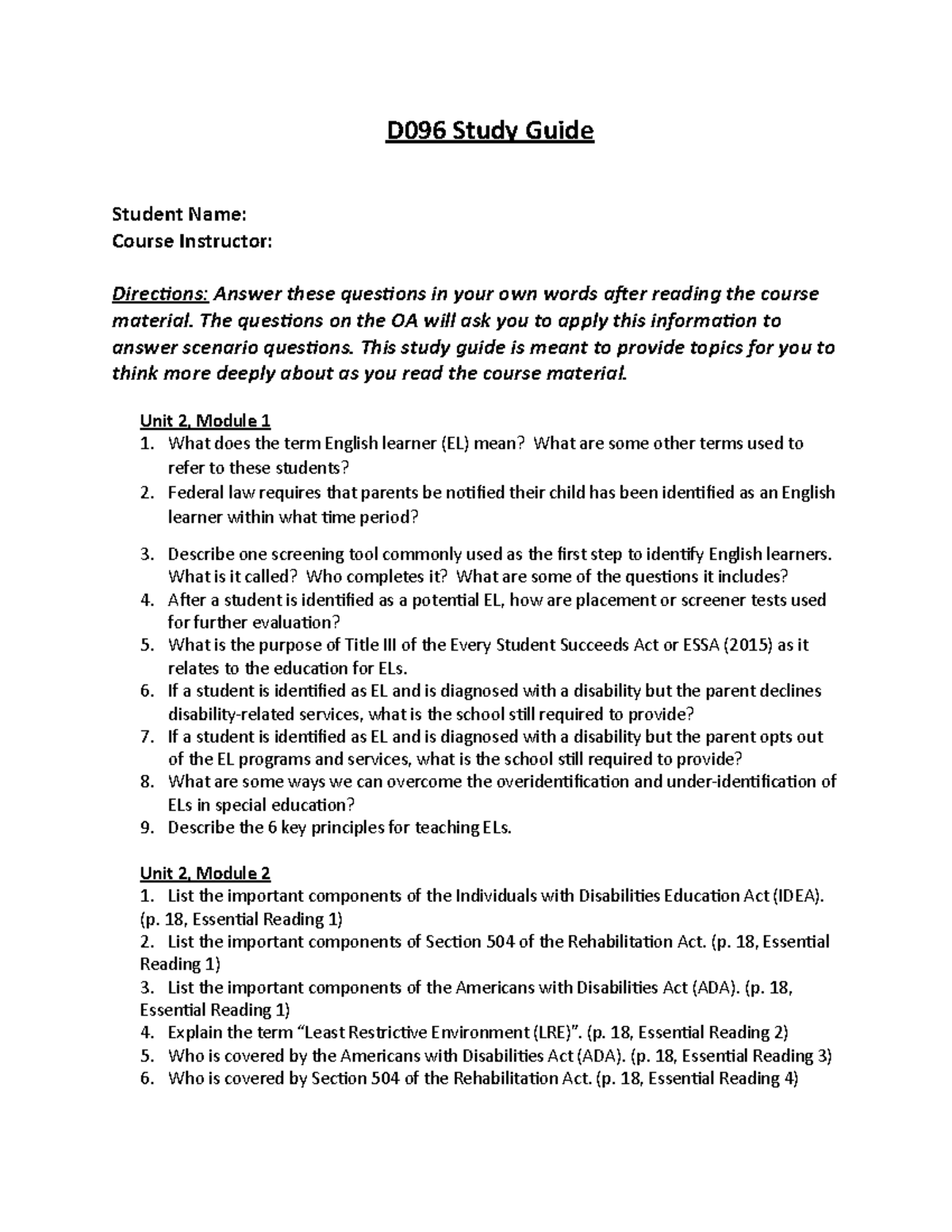 D096 D169 Study Guide Student Version updated 072021 - D096 Study Guide Student Name: Course ...