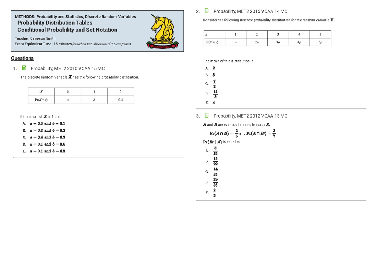 T3W3 MET2 2015 Conditional Probability Exam Review - Studocu
