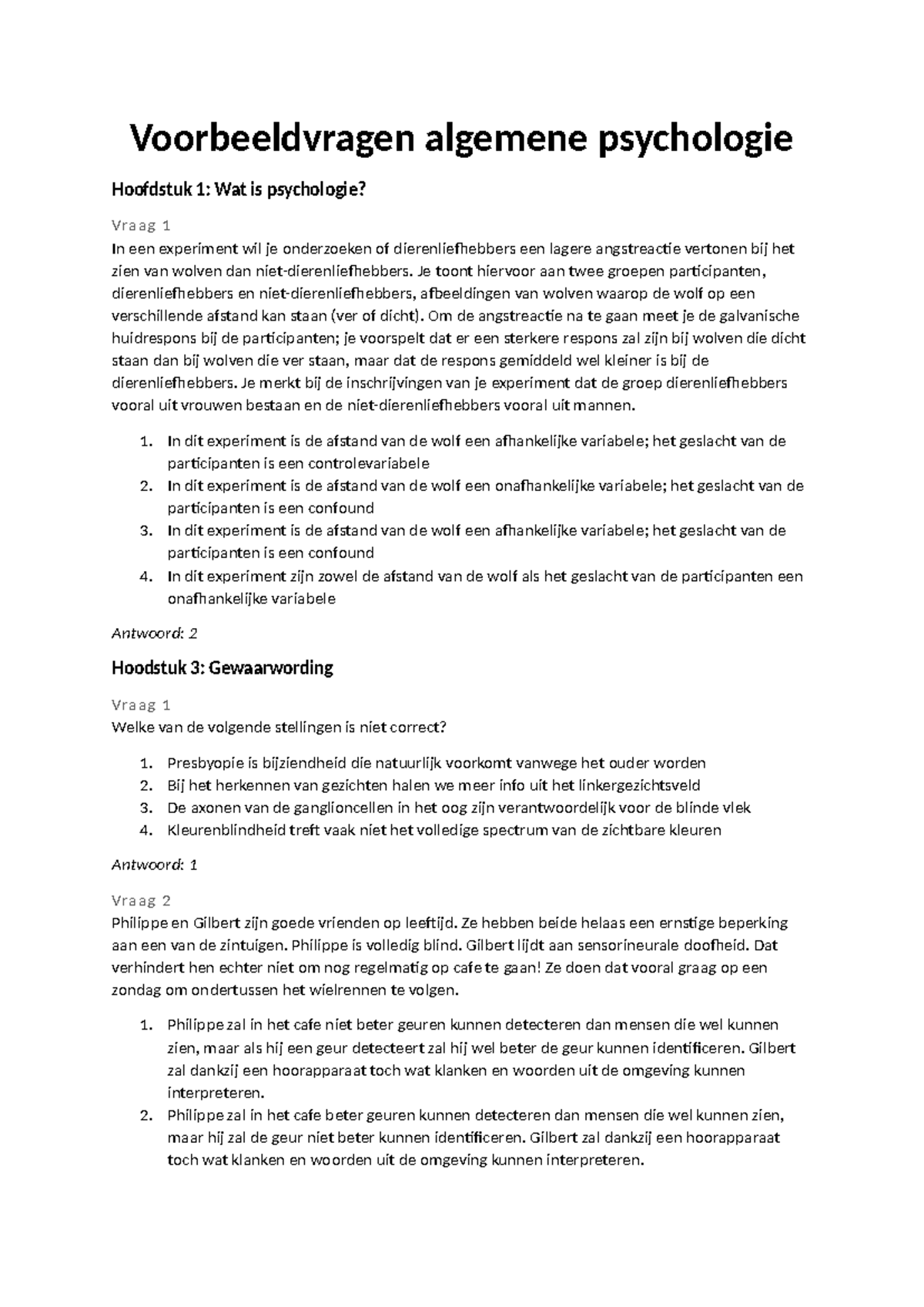 Voorbeeldvragen Psychologie - Hoofdstukken 1 t/m 13 en Proefexamen - Studocu