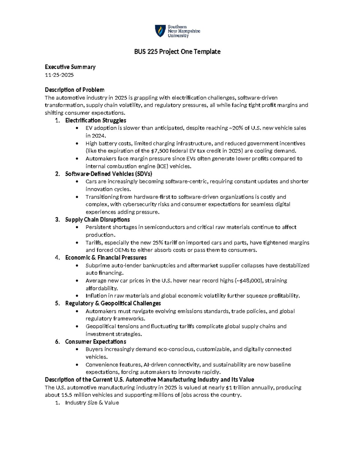 BUS 225 Project One: Executive Summary on 2025 Automotive Industry ...