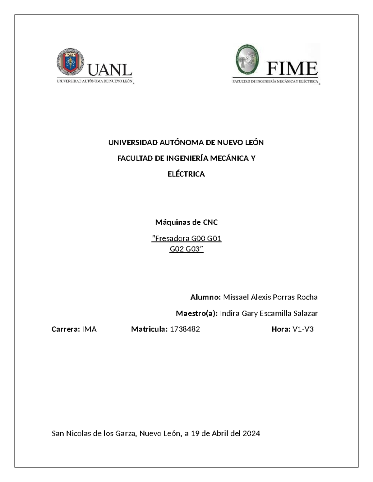 Fresadora CNC: Operaciones G00-G01-G02-G03 - IMA 1738482 - Studocu